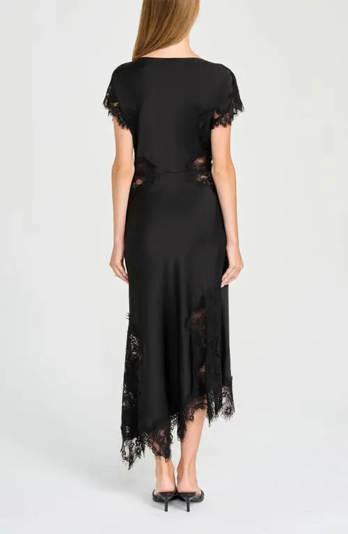 WAYF X Rose Lola Moss Satin & Lace Asymmetric Midi Dress - Black