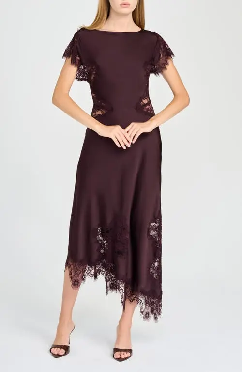 WAYF X Rose Lola Moss Satin & Lace Asymmetric Midi Dress - Raisin