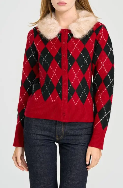 WAYF X Rose Lola Campbell Argyle Cardigan With Faux Fur Collar - Red Combo
