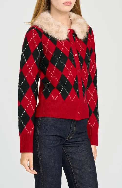WAYF X Rose Lola Campbell Argyle Cardigan With Faux Fur Collar - Red Combo