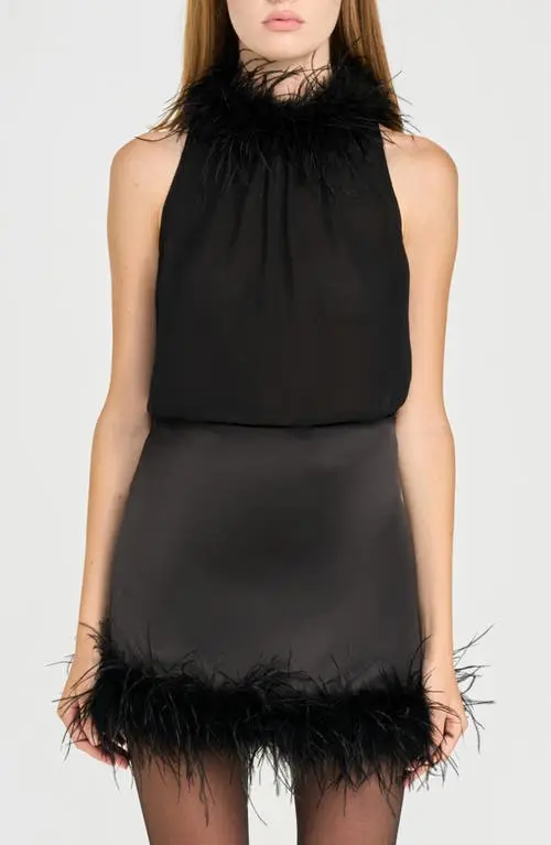 WAYF X Rose Lola Studio Faux Feather Trim Top - Black