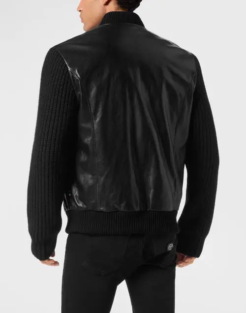 Philipp Plein Leather Bomber With Knitted Sleeves