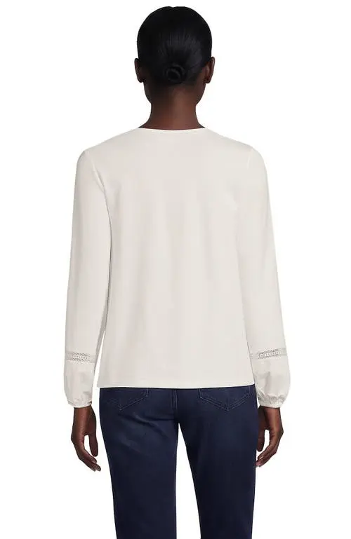 LANDS' END Long Sleeve Lightweight Jersey Crew Neck Lace Ruffle Blouse - Ivory