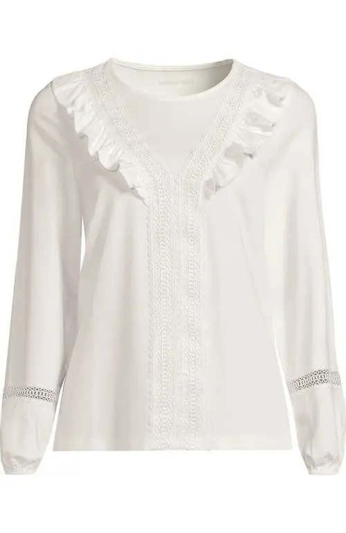 LANDS' END Long Sleeve Lightweight Jersey Crew Neck Lace Ruffle Blouse - Ivory