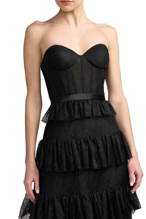 Mac Duggal Strapless Bustier Lace Ruffle Midi Dress