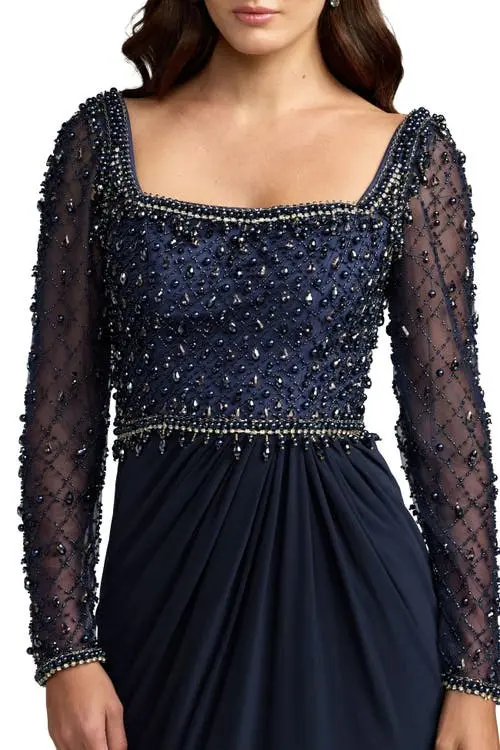 Mac Duggal Embellished Mesh Long Sleeve Gown