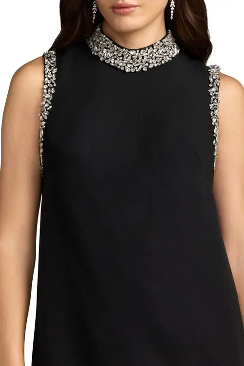 Mac Duggal Beaded Crepe Sleeveless Mock Neck Mini Dress
