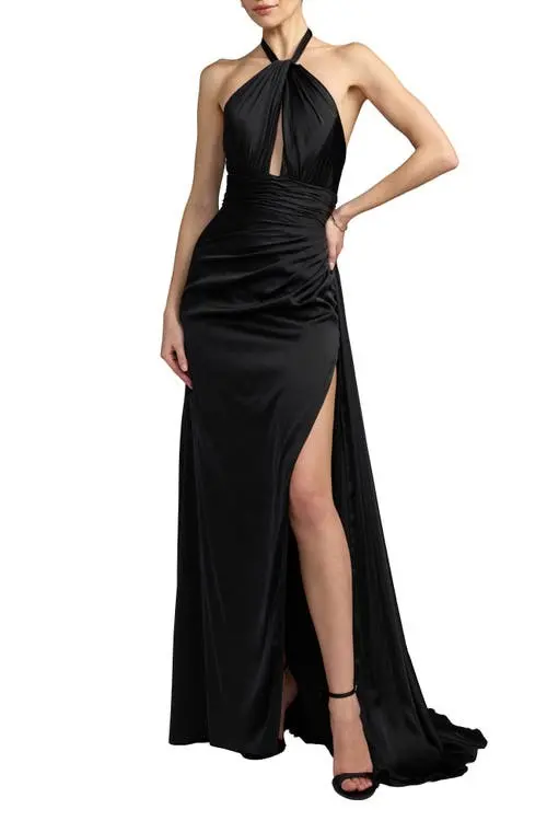 Mac Duggal Satin Halter Neck Cutout Gown - Black