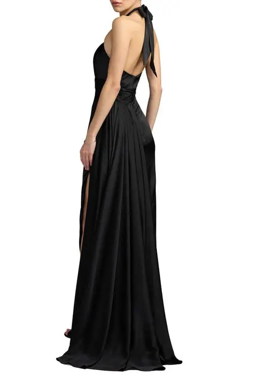 Mac Duggal Satin Halter Neck Cutout Gown