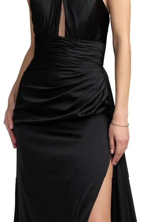 Mac Duggal Satin Halter Neck Cutout Gown
