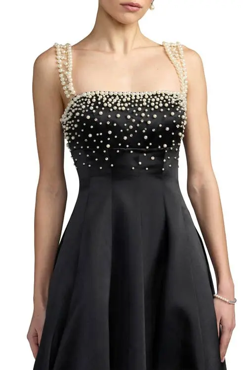 Mac Duggal Petite A-line Pearl Embellished Satin Gown