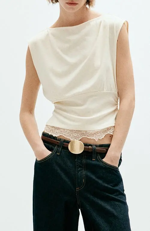 Mango Ruched Lace Trim Top - Ecru