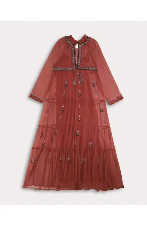FORTELA Embroidered Silk Chiffon Dress - Ruby