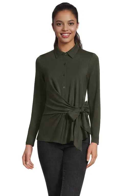 LANDS' END Long Sleeve Lightweight Jersey Adjustable Tie Collar Top - Forest Moss