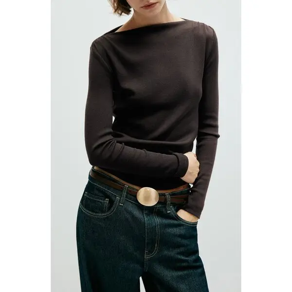 Mango Long Sleeve Bateau Neck T-shirt - Chocolate