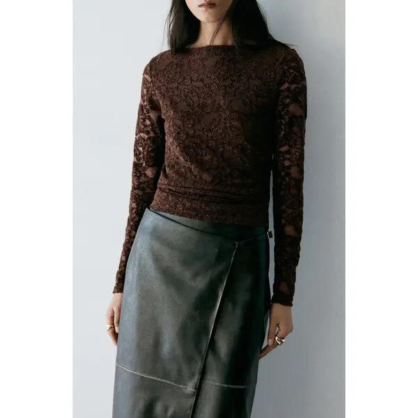 Mango Floral Lace Crewneck Top - Brown