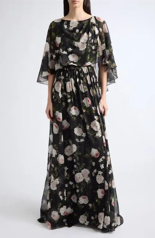 Carolina Herrera Floral Off The Shoulder Silk Chiffon Gown - Black Multi
