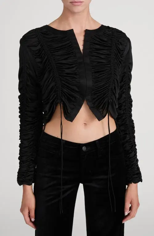 FRAME The Serre Drawstring Ruched Silk Crop Top - Black