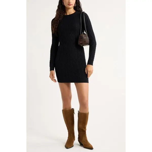 OPEN EDIT Cable Knit Long Sleeve Minidress - Black