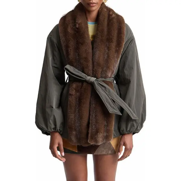 Avec Les Filles Balloon Belted Puffer Coat With Faux Fur Trim
