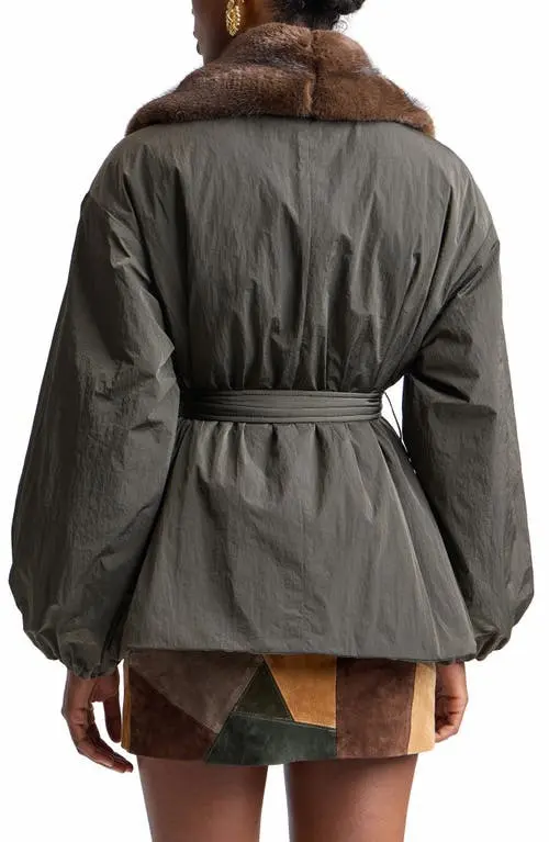 Avec Les Filles Balloon Belted Puffer Coat With Faux Fur Trim