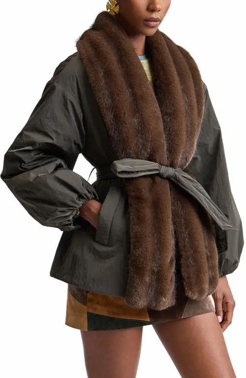 Avec Les Filles Balloon Belted Puffer Coat With Faux Fur Trim