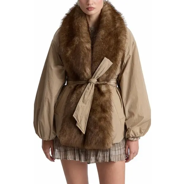 Avec Les Filles Balloon Belted Puffer Coat With Faux Fur Trim - Sand/brown