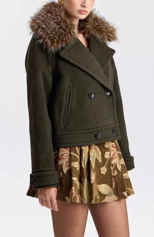 Avec Les Filles Faux Fur Collar Cropped Peacoat