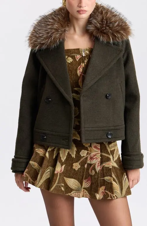 Avec Les Filles Faux Fur Collar Cropped Peacoat