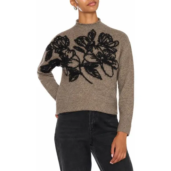 Vince Camuto Floral Embroidered Mock Neck Sweater - Medium Brown