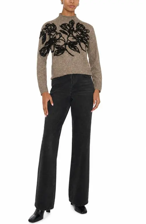 Vince Camuto Floral Embroidered Mock Neck Sweater - Medium Brown