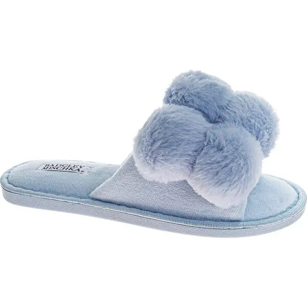 Badgley Mischka Women’s Plush Pom-pom Slippers Cozy Open-toe Slide House Shoes - Blue