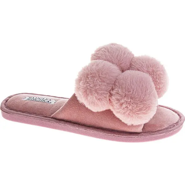 Badgley Mischka Women’s Plush Pom-pom Slippers Cozy Open-toe Slide House Shoes - Pink