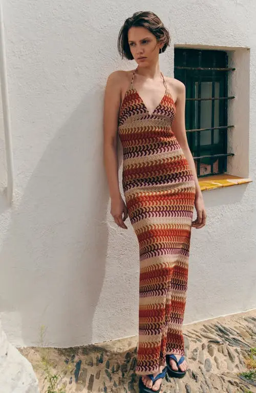 Mango Open Back Crochet Halter Dress
