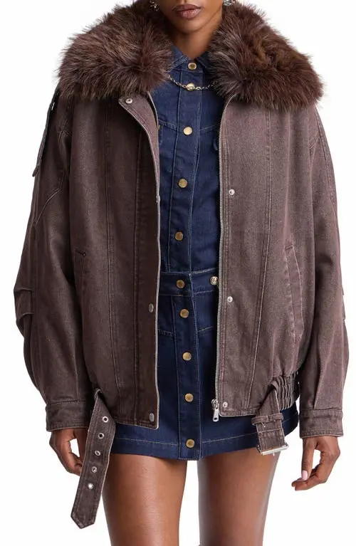 Avec Les Filles Oversized Faux Fur Collar Denim Bomber Jacket - Brown