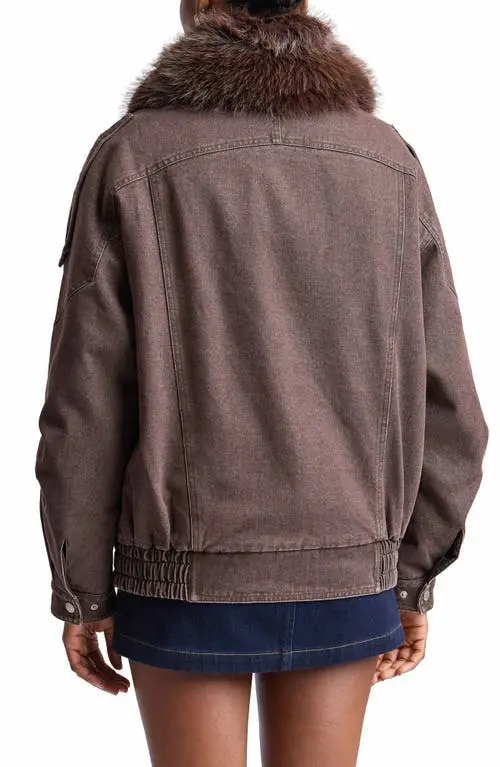 Avec Les Filles Oversized Faux Fur Collar Denim Bomber Jacket