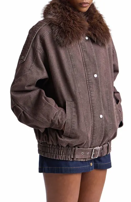 Avec Les Filles Oversized Faux Fur Collar Denim Bomber Jacket