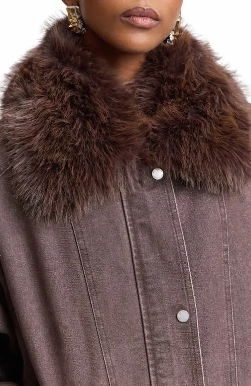 Avec Les Filles Oversized Faux Fur Collar Denim Bomber Jacket