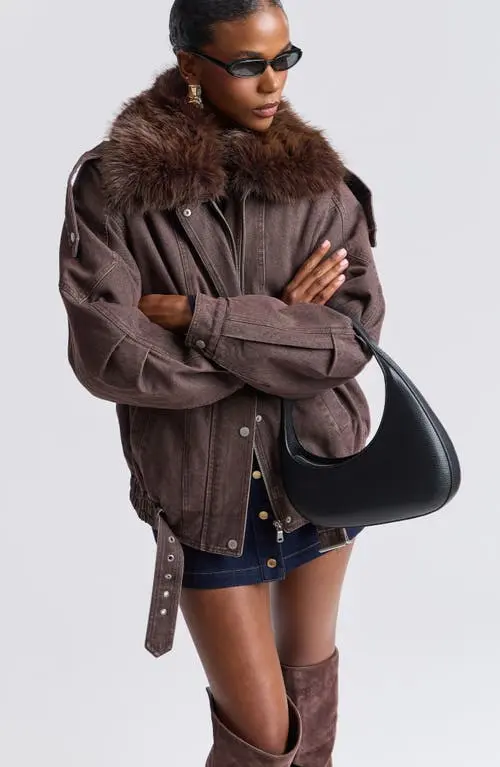 Avec Les Filles Oversized Faux Fur Collar Denim Bomber Jacket