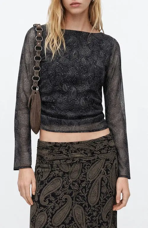 Mango Paisley Chiffon Boat Neck Top - Black