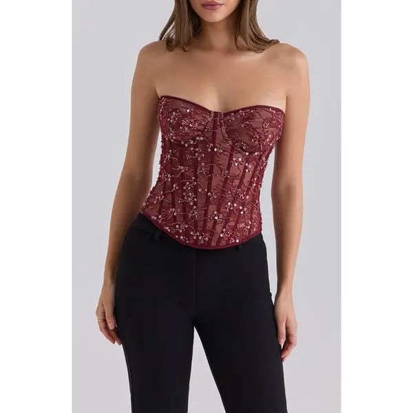 House Of Cb Suri Embellished Lace Corset Top - Cabernet