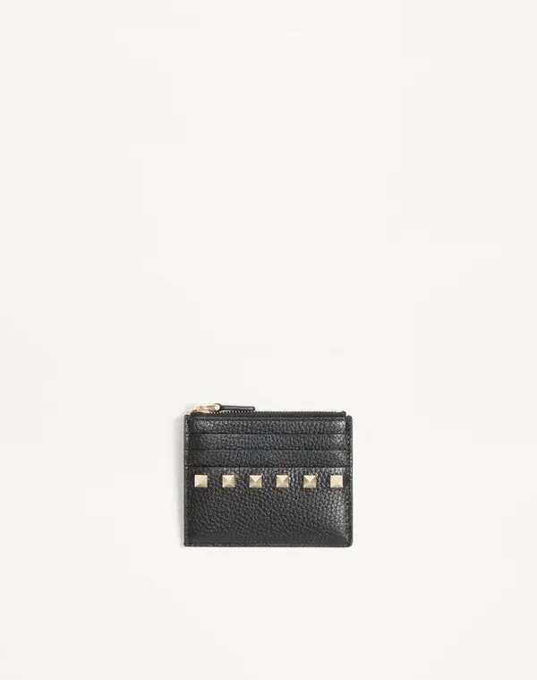 Valentino Garavani Rockstud Grainy Calfskin Cardholder With Zip - Black