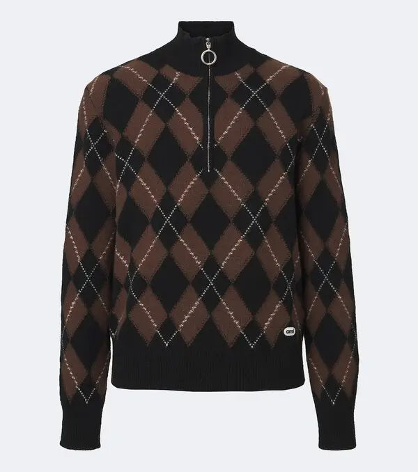 AMI Paris Argyle Virgin Wool Half-zip Sweater - Brown