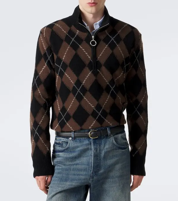 AMI Paris Argyle Virgin Wool Half-zip Sweater