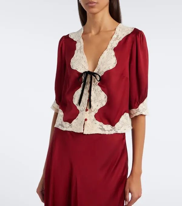 Rixo Ursula Lace-trimmed Satin Blouse