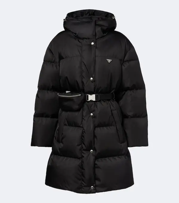 Prada Belted Hooded Re-nylon Down Coat - Black