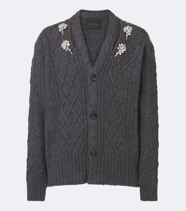 Simone Rocha Cable-knit Embellished Virgin Wool Cardigan - Grey