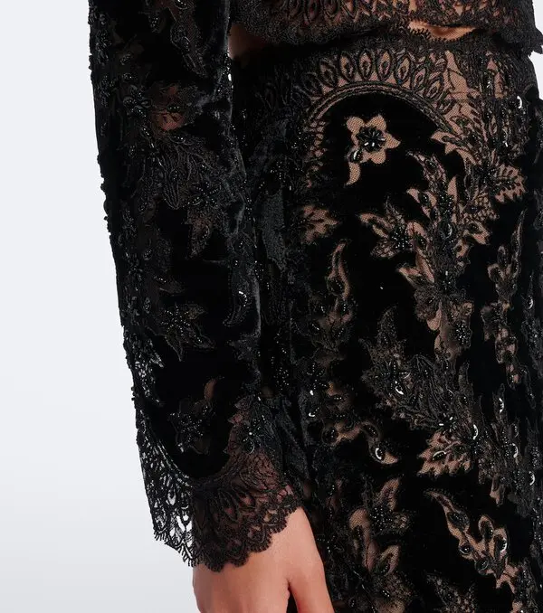 Costarellos Isaline Embellished Velvet And Lace Crop Top
