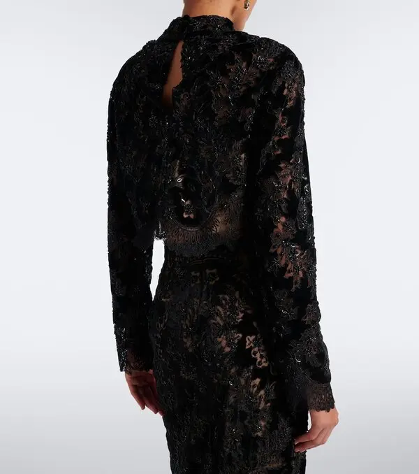 Costarellos Isaline Embellished Velvet And Lace Crop Top