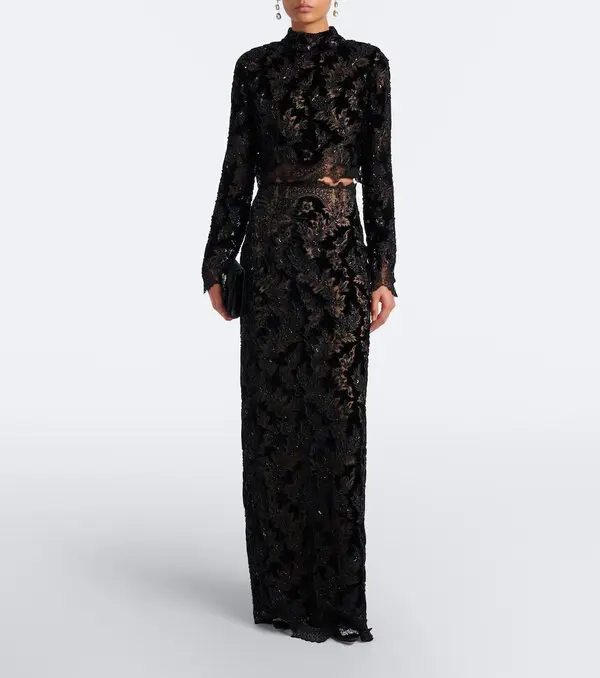 Costarellos Isaline Embellished Velvet And Lace Crop Top
